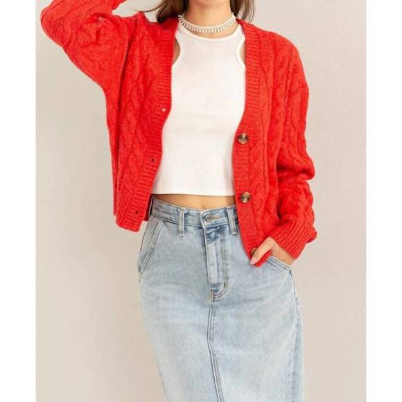 HYFVE | Sweaters | New Hyfve Cable Knit Cardigan Sweater In Red | Poshmark
